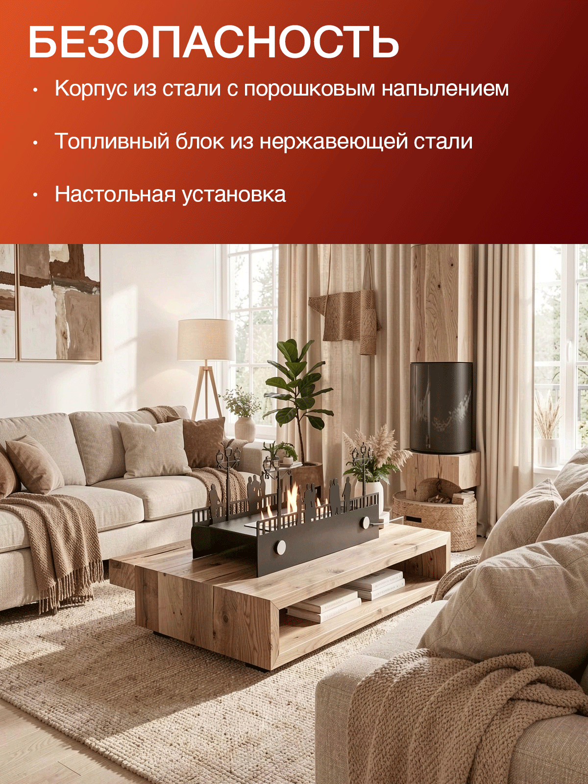 Биокамин Firelight BFP-T400MB, стальной, время горения 3 часа, черный — фото 1
