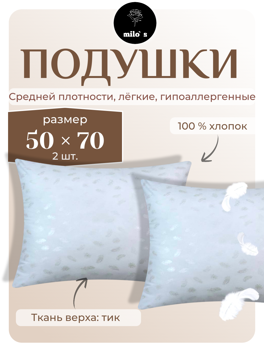 Подушки milo`s 50х70 2шт, силиконизированное волокно, 100% хлопок