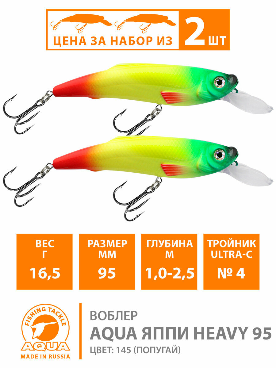 Воблеры для рыбалки на щуку, судака, окуня AQUA Яппи Heavy 95mm 16.5g. Воблер для троллинга, спиннинга. Цвет 145 2шт