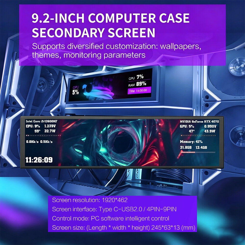 Mirabox D92 9,2-дюймовый USB Монитор : Мониторинг Производительности ПК, Отображение Температуры Процессора