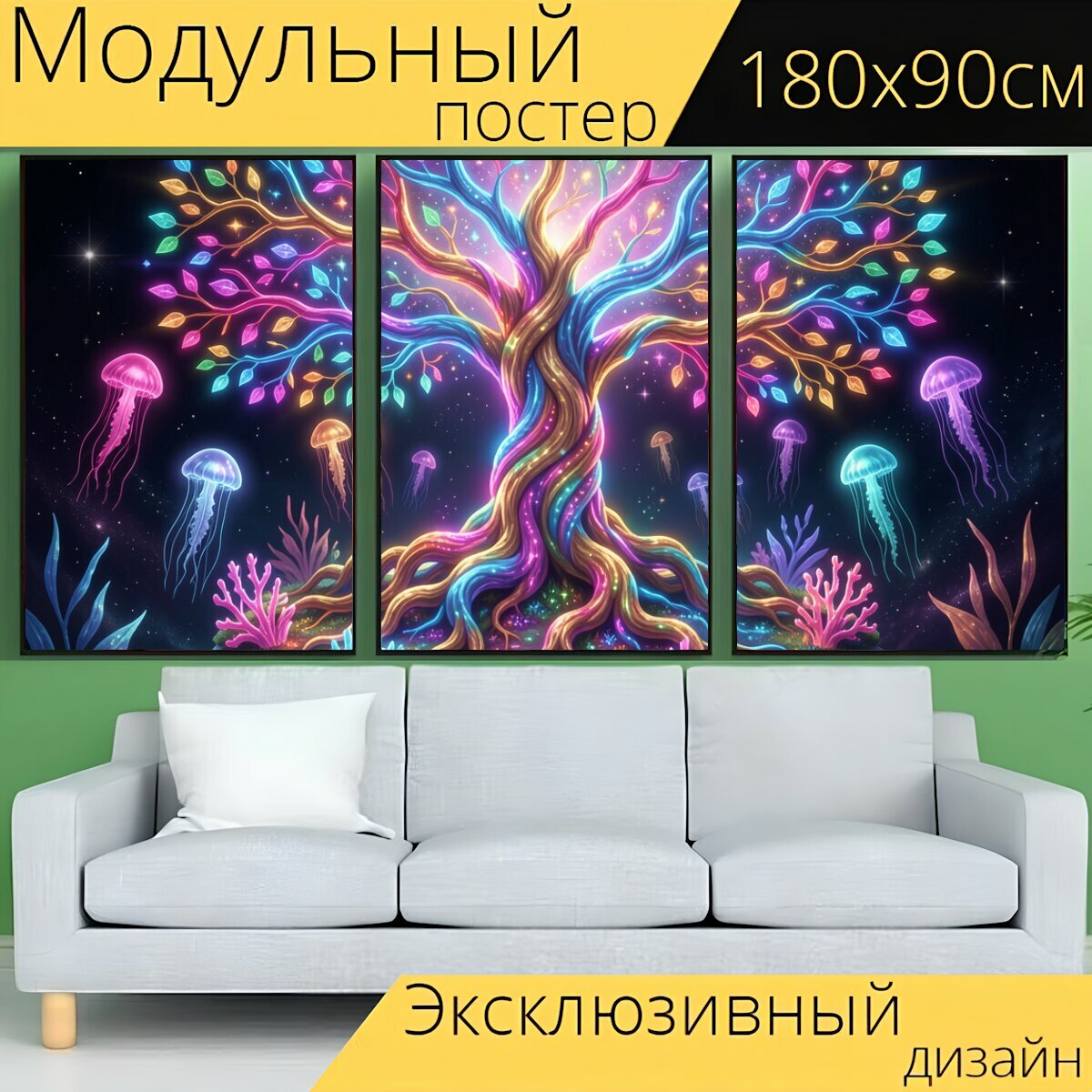 Модульный постер "Неоновое древо на парящем острове. Флуоресцентная фантазийная сцена: переплетённый ствол, разноцветная крона." 180 x 90 см. для интерьера на стену в тубусе