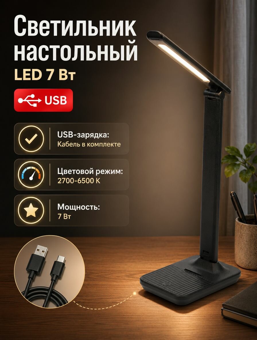 Настольный светильник 7Вт 2700-6500К 525лм черный USB аккумулятор Rexant
