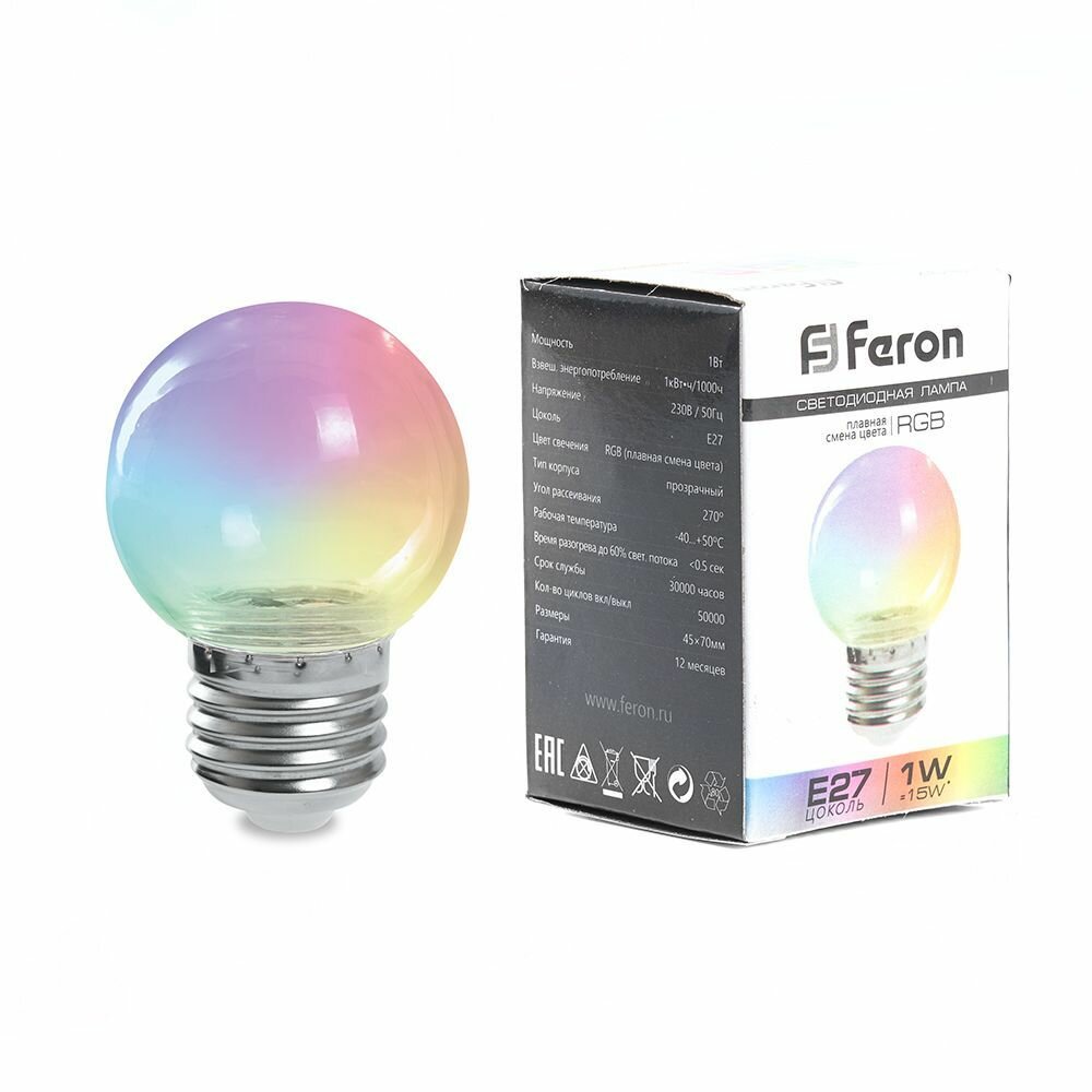 Лампа светодиодная Е27 мощность 1W цвет RGB Feron LB-37 38132 Упаковка 1 штука