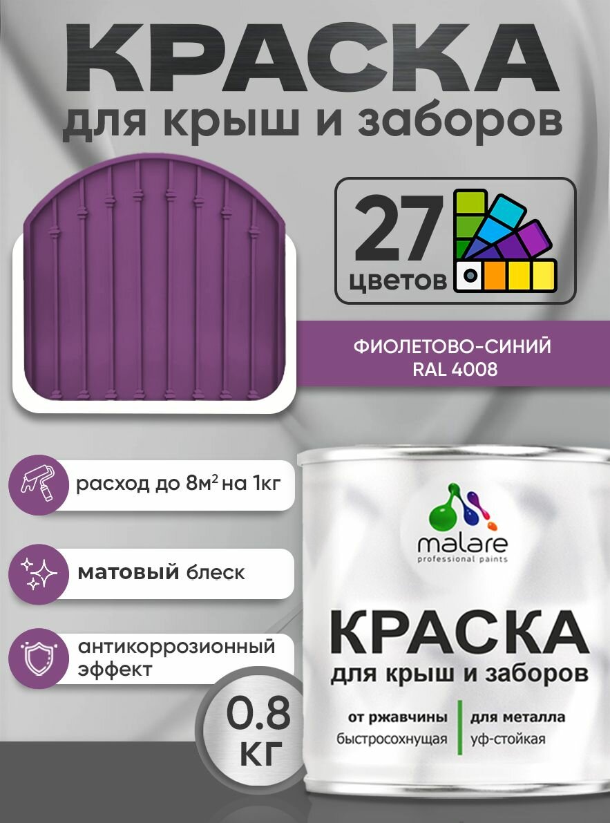 Краска по металлу Malare для крыш и заборов по ржавчине, для наружных работ, быстросохнущая износостойкая RAL 4008 фиолетово-синий, матовая, 0,8 кг.