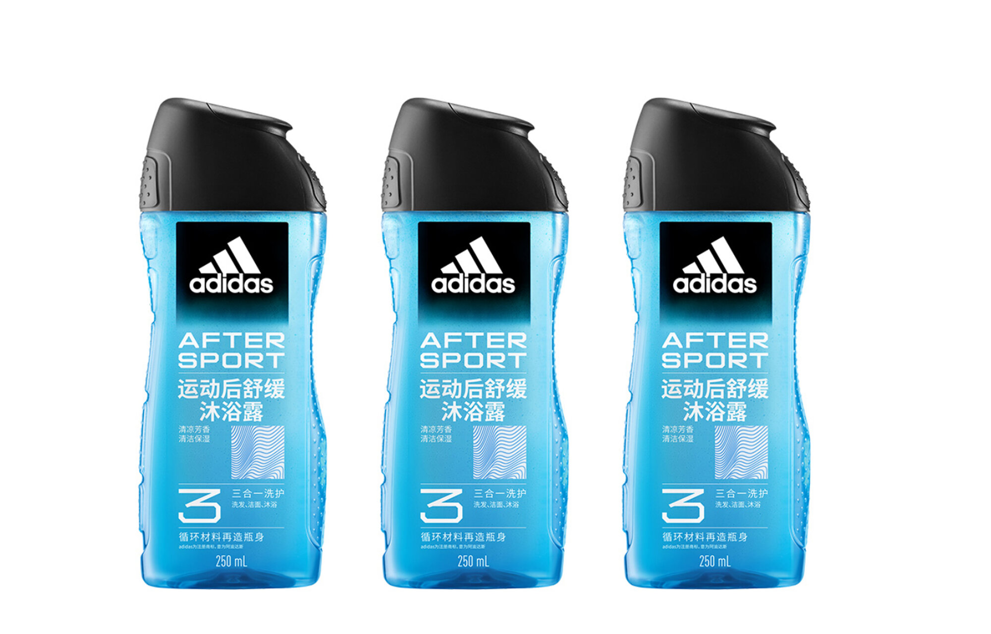 Гель для душа мужской Adidas After Sport 3 в 1 освежающий увлажняющий, аромат бергамота, 250 мл*3