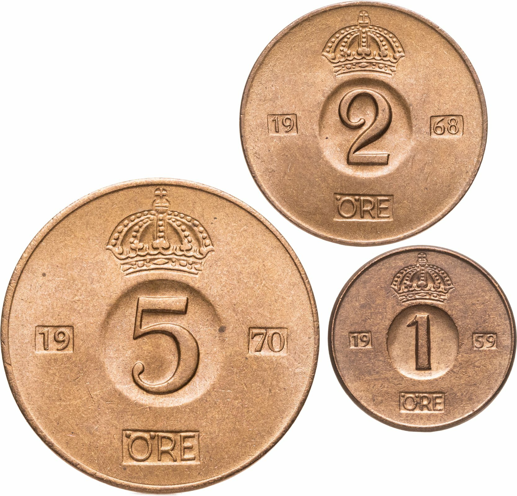 Швеция набор монет 1,2,5 эре 1952-1971 Король Густав VI Адольф, Бронза, в сохранности XF-UNC