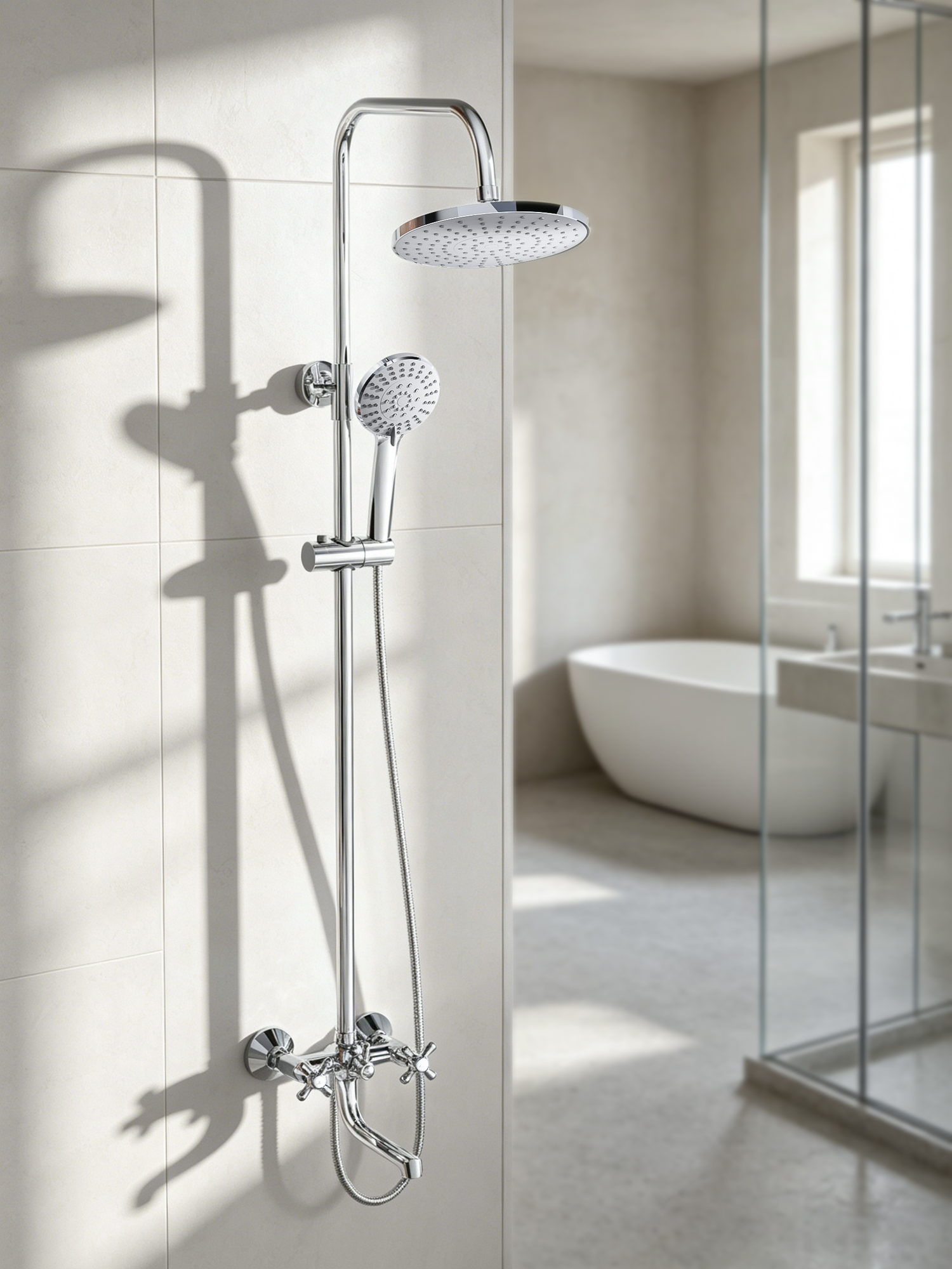 Душевая стойка Diadonna D80-335301 с изливом, верхним душем, лейкой, керамические кран-буксы, хром