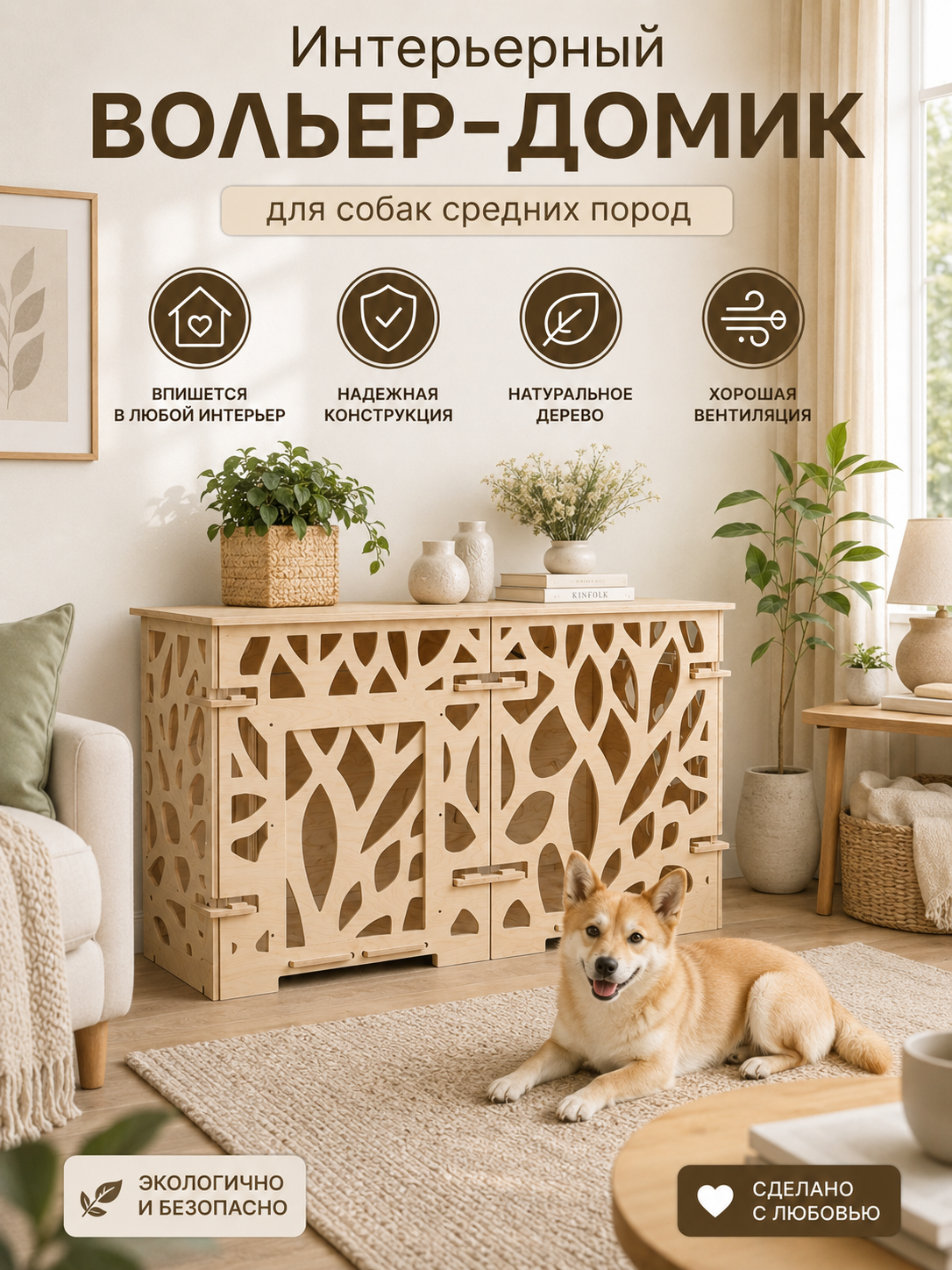Деревянный вольер (клетка) для кошки или собаки 100см*50см*60см паттерн листья, без покраски