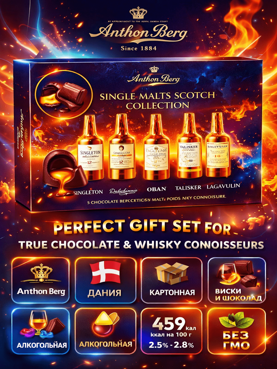 Набор шоколадных конфет Anthon Berg Single Malt Scotch Whisky Collection Ассорти с виски, 78г
