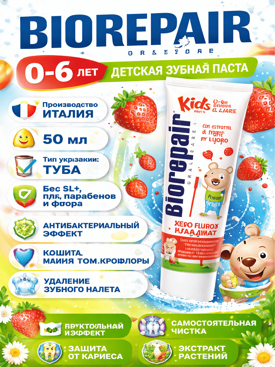 Зубная паста детская Biorepair Земляника от 0 до 6 лет, 50мл