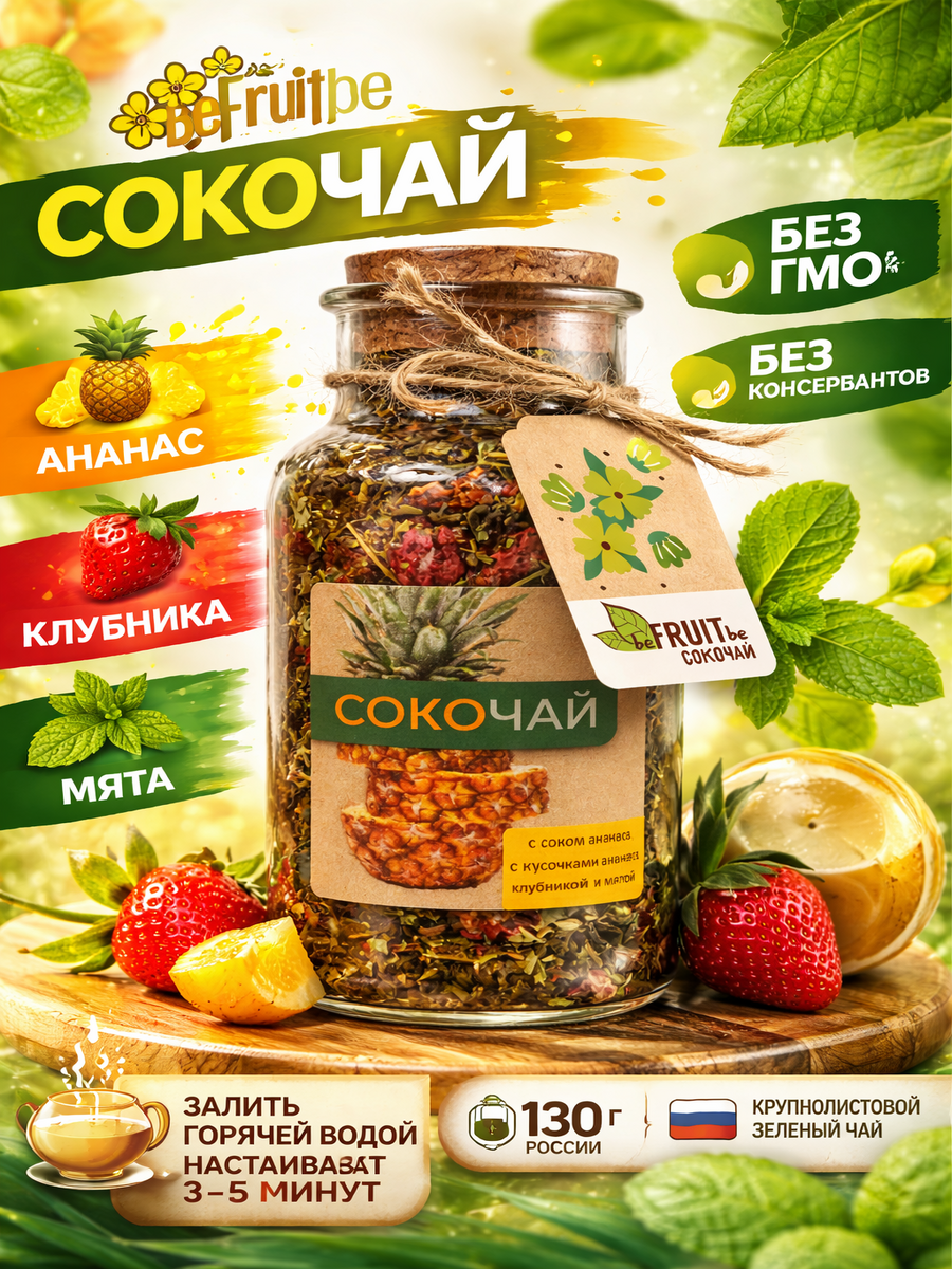 Чай зеленый Befruitbe Сокочай с ананасом, клубникой и мятой, 130г