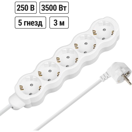 Удлинитель Tdm Electric "Люкс" УЛ05 5 гнезд, 3м, с/з, с з/ш, ПВС 3х1мм2 16А/250В, бело-серый, SQ1303-0239