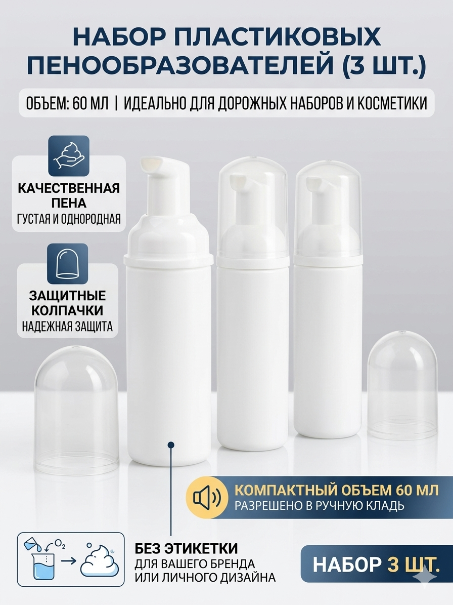 Флакон купи-флакон, дозатор, для жидкого мыла, дорожный, белый, пластик, 60мл