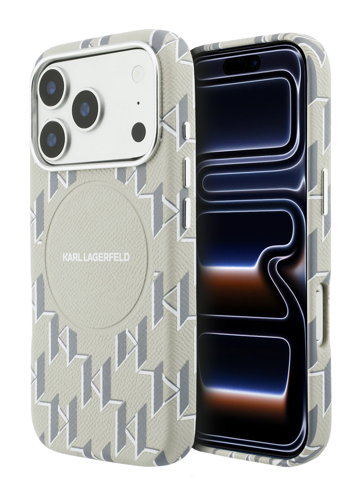 Чехол Karl Lagerfeld на iPhone 17 Pro Max, с магнитами MagSafe, с металлической рамкой вокруг камеры, серый