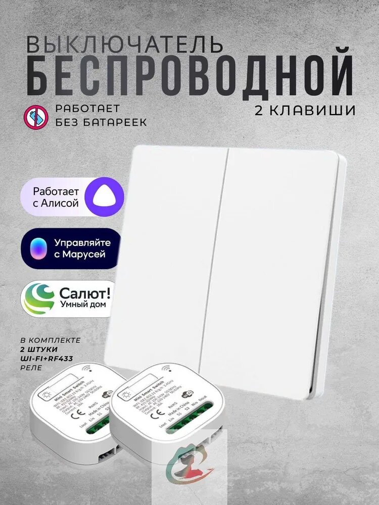 Беспроводной выключатель с Wi-Fi и RF433мГц двухклавишный, умный кинетический беспроводной выключатель + 2шт умное реле
