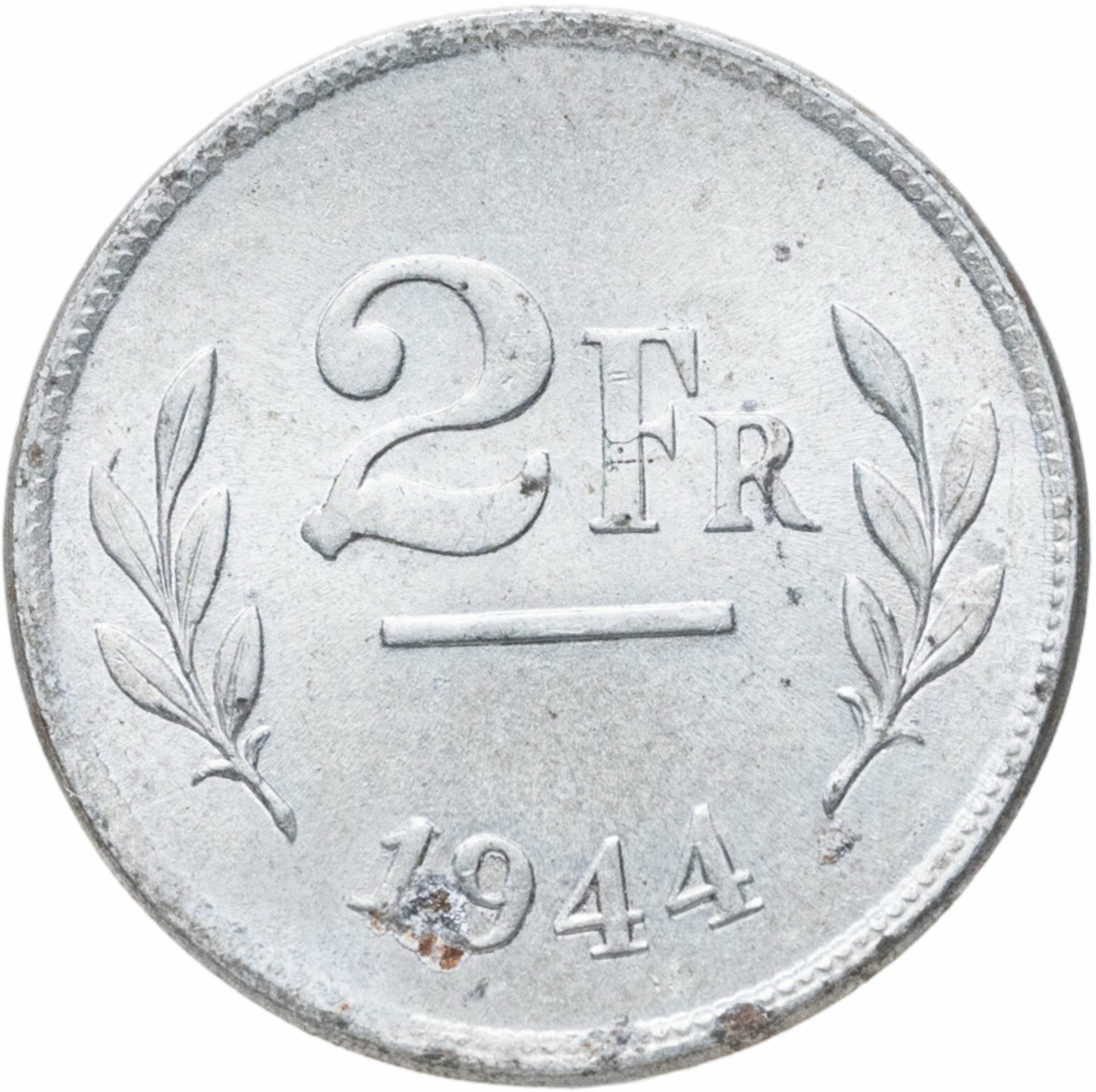 Бельгия 2 франка 1944, Сталь, в сохранности XF-AU