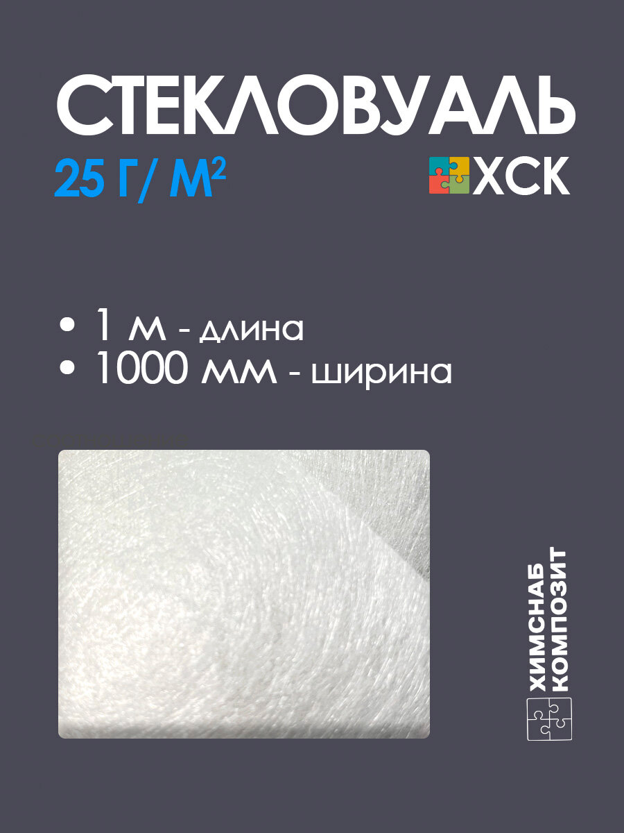 Стекловуаль 25 г/м2, 1 м2, ХСК, для ремонта и изготовления изделий из стеклопластика, для полиэфирной смолы