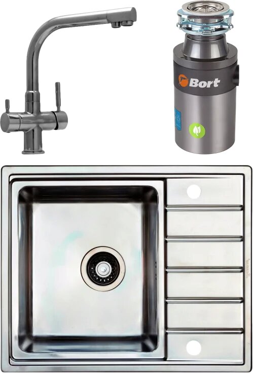 Комплект Мойка Seaman Eco Roma SMR-6150A 61x50, нержавеющая сталь / Смеситель Barcelone SSL-5383 Водный лак (Water polish) глянцевый хром, water polish / Измельчитель Bort Titan 4000 Control электриче