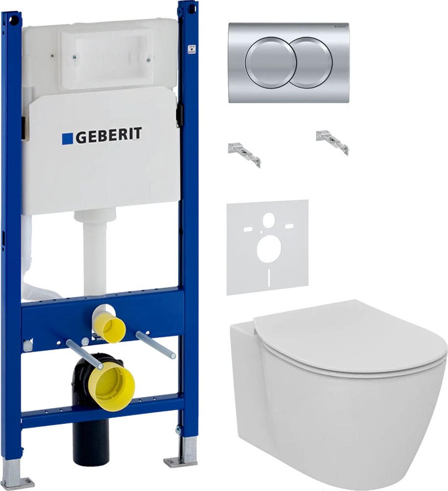 Комплект 4 в 1 Унитаз подвесной Ideal Standard Connect AquaBlade E047901 / Сиденье E772401, с микролифтом / Инсталляция с кнопкой Geberit Duofix Delta 458.149.21.1 цвет хром, Звукоизоляция 156.050.00