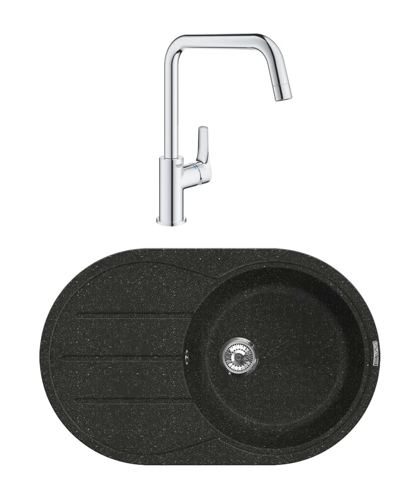 Комплект Мойка Lava E2. BAS 77x49, basalt, кварц / Смеситель Grohe Eurosmart 30567000 глянцевый хром