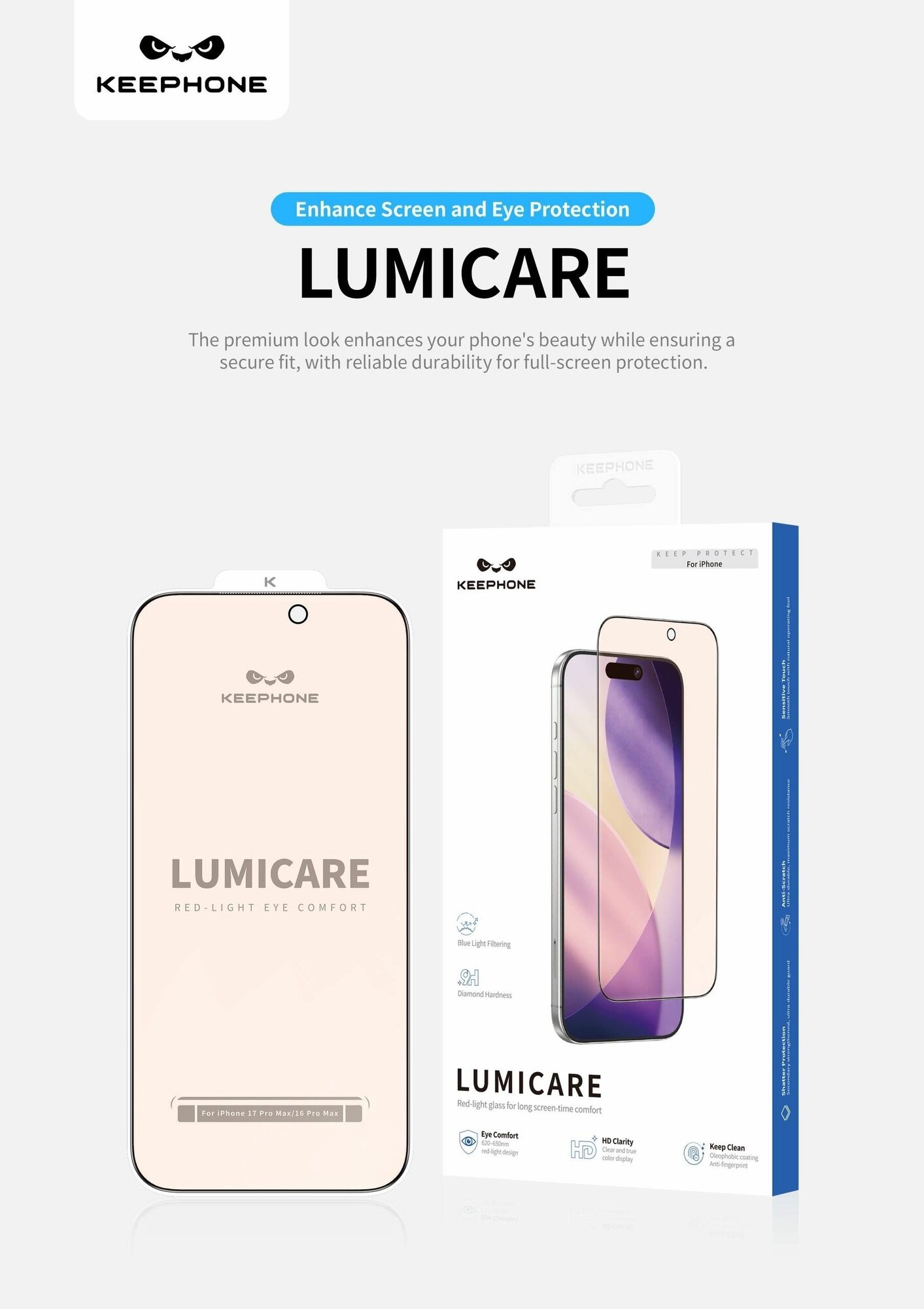 Стекло защитное для iPhone 17 Pro Max/ 16 Pro Max Keephone LUMICARE RED-LIGHT EYE COMFORT GLASS