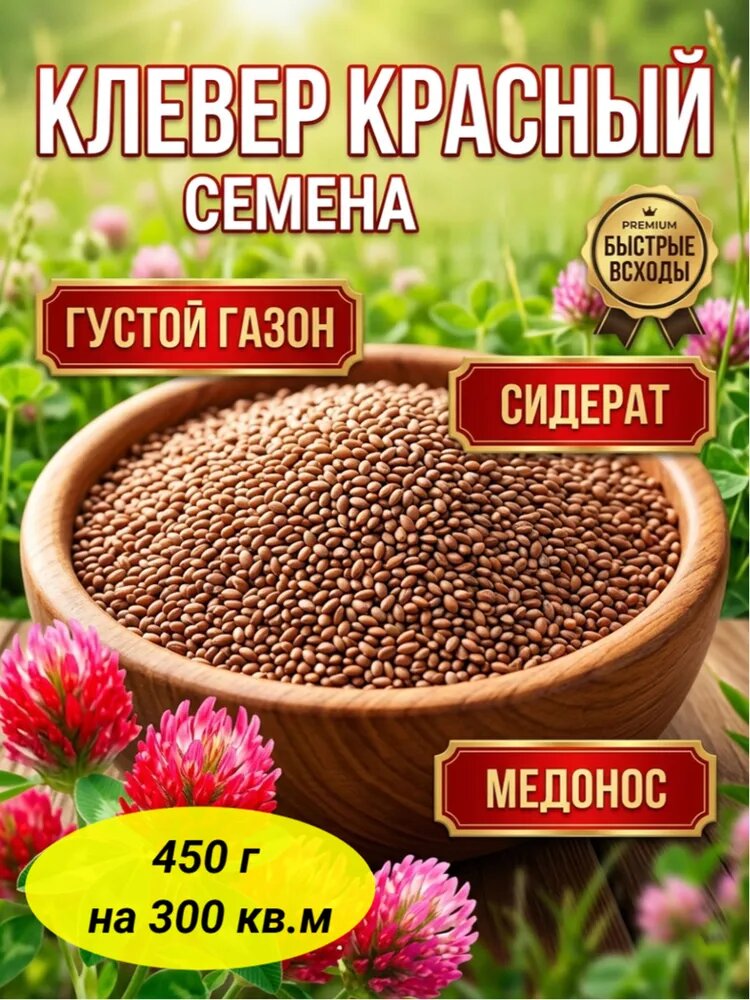 Семена газонной травы Клевер красный 450 г, многолетний сидерат и медонос для дачи. Для лугового газона и огорода, кормовая культура