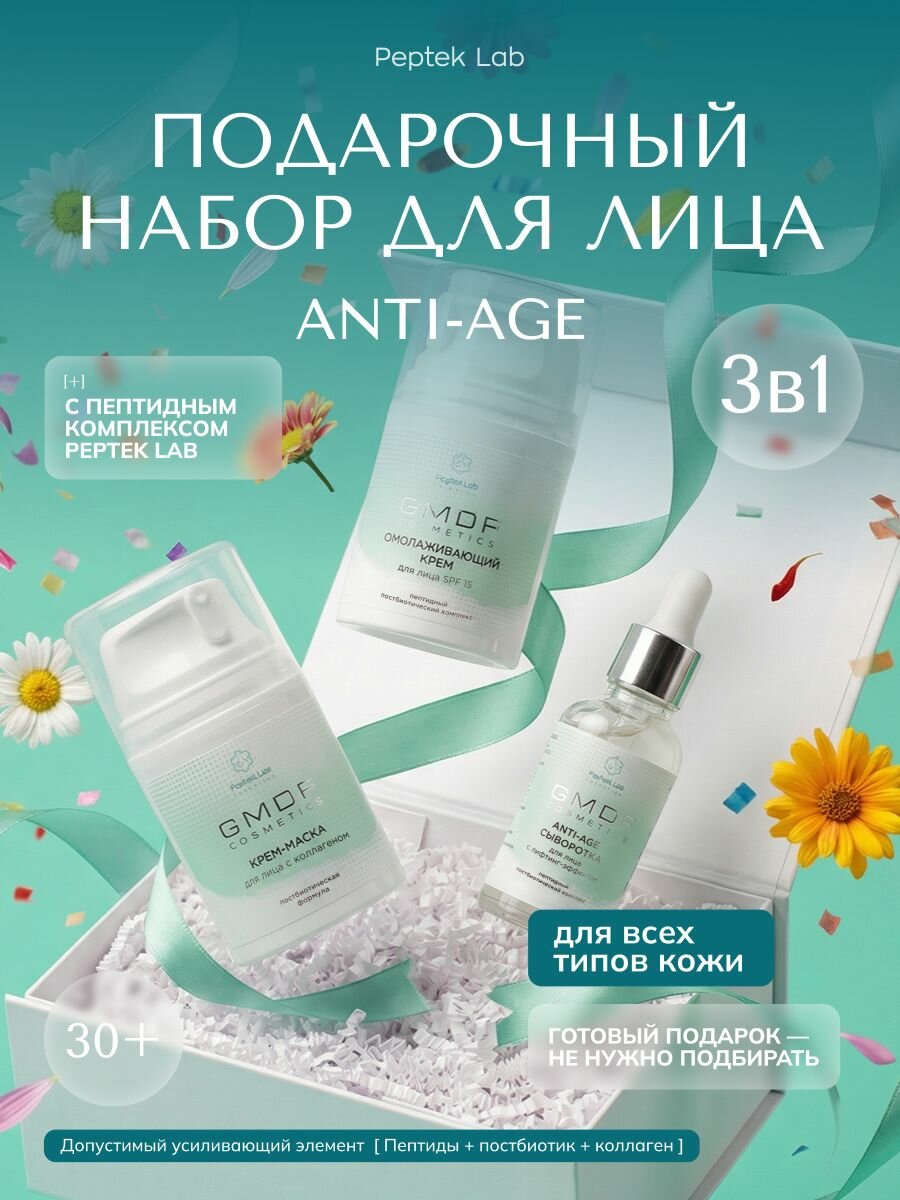 Peptek Lab Подарочный набор уходовой косметики для лица женщине ANTI-AGE 3 в 1с пептидами и гиалуроновой кислотой
