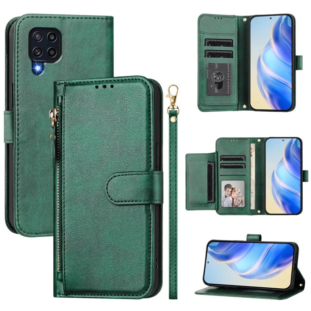 Кожаный книжка чехол в виде бумажника для Samsung Galaxy M32 4G, M22 (Самсунг Галакси M32 4G, M22) с застежкой-молнией, коротким шнуром, Складной слот для карт и отделением для кошелька