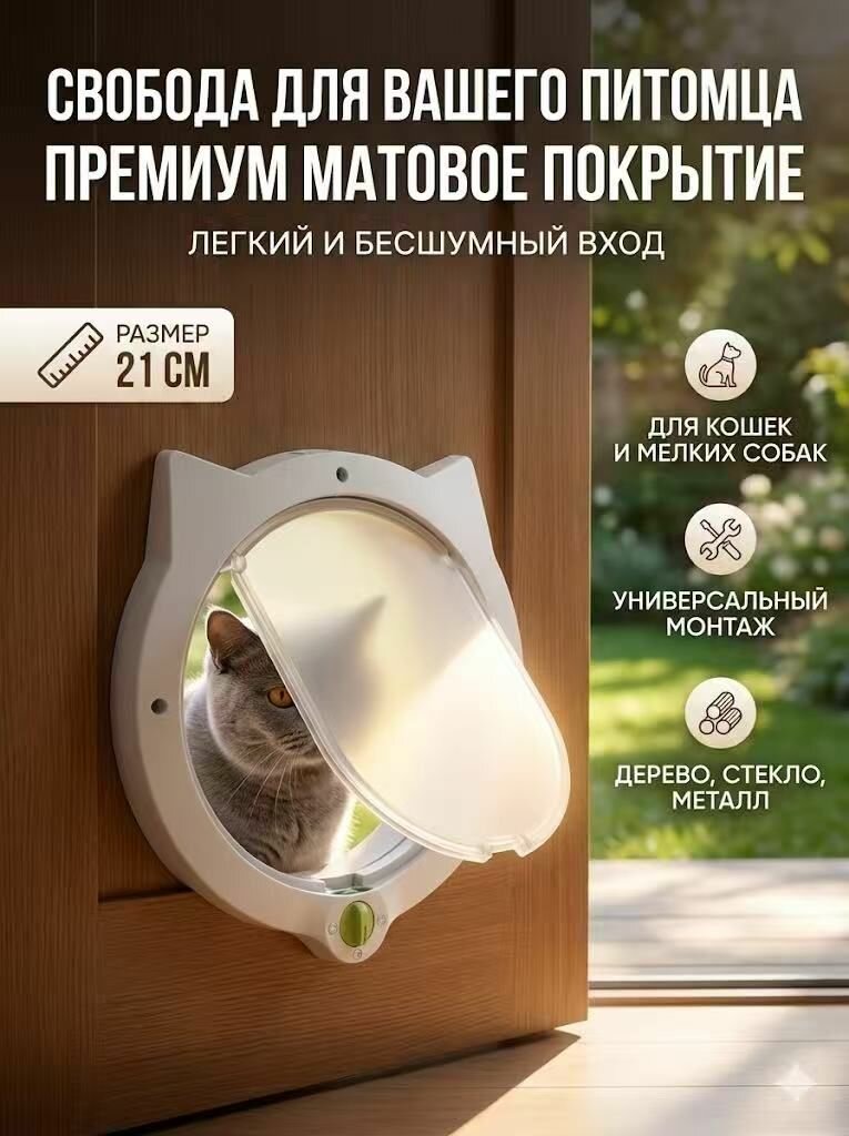 Дверца для кошек и собак матовая 21 см / Врезная дверь для животных в деревянную, стеклянную и металлическую дверь / Бесшумная дверца с 4 режимами работы