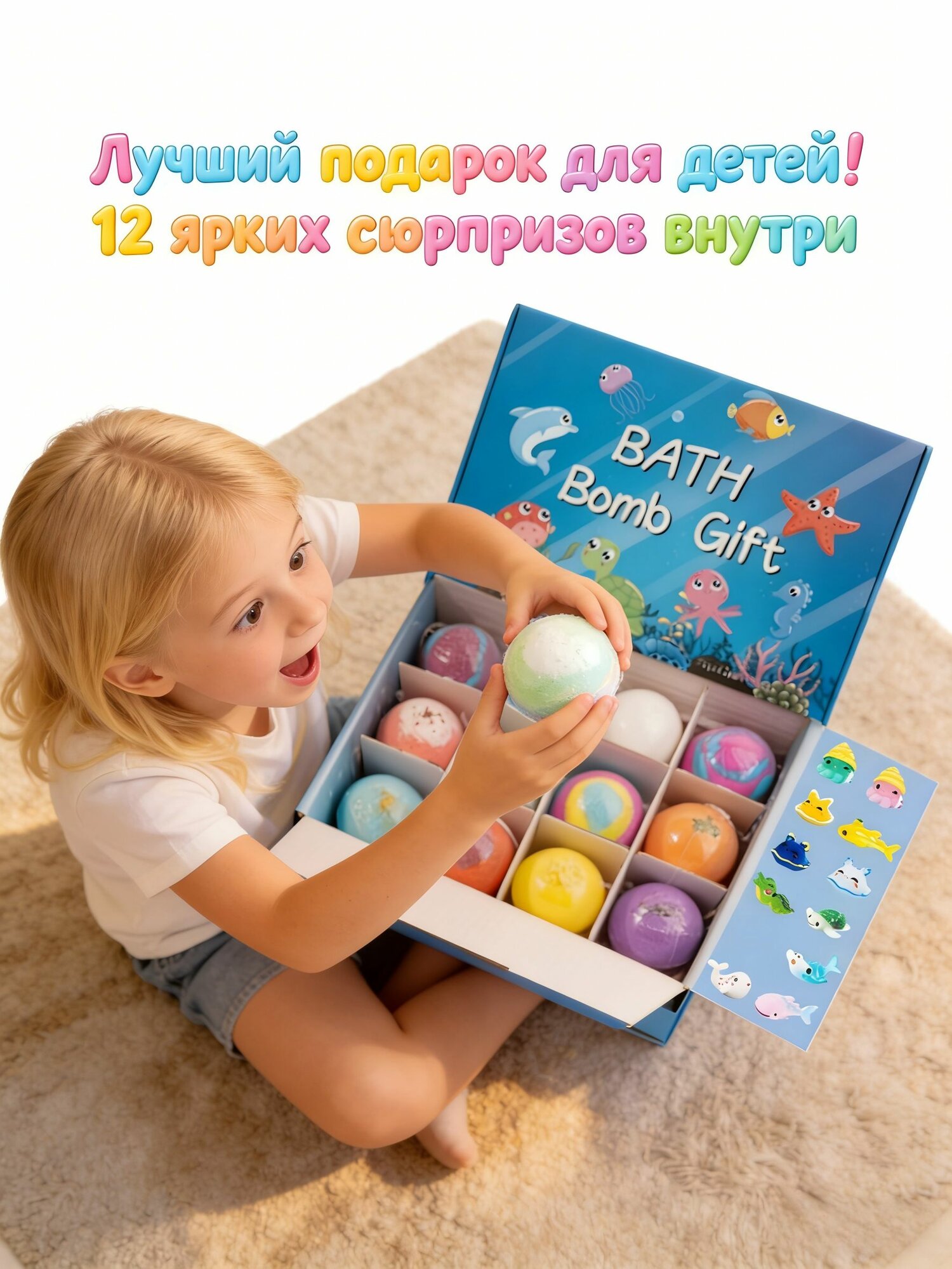 Подарочный набор бомбочек для ванны детей, 12 шт 60г, пенная бомбочка, детский подарок в коробке