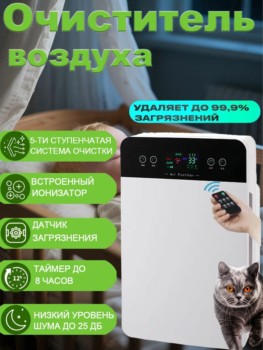 Очиститель воздуха для дома / Ионизатор от пыли / HEPA фильтр с таймером Тихий режим, Удаляет шерсть, запахи и аллергены