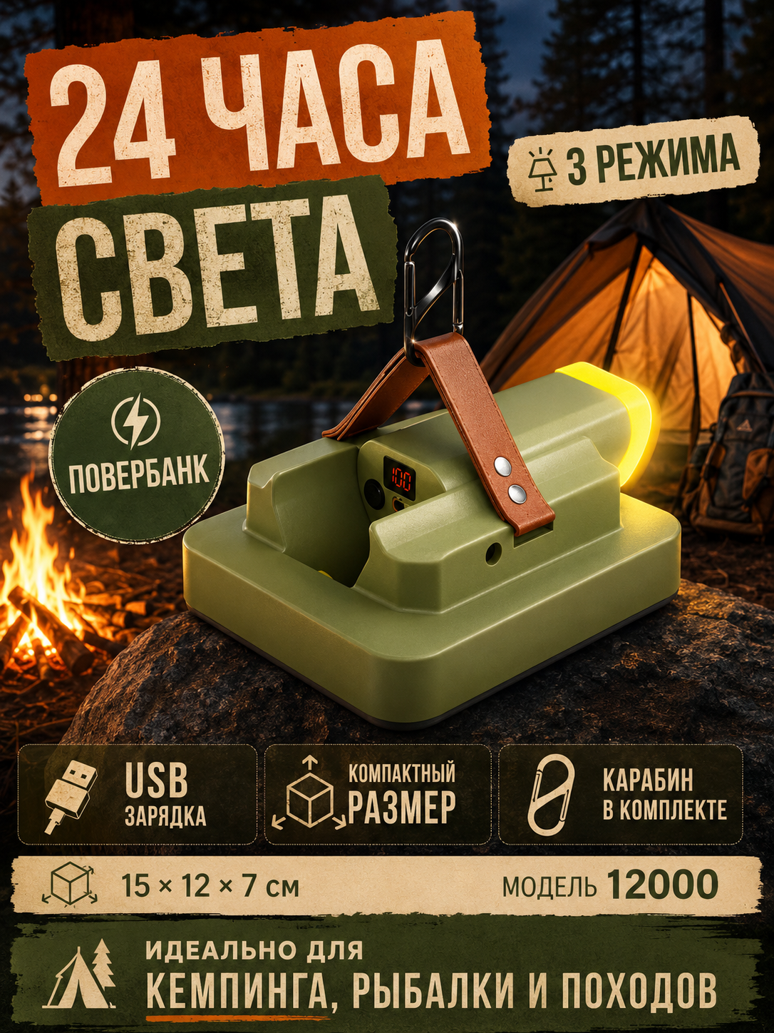 Фонарь-прожектор, светодиодный, аккумуляторный, для кемпинга, дачи, гаража и аварийного освещения