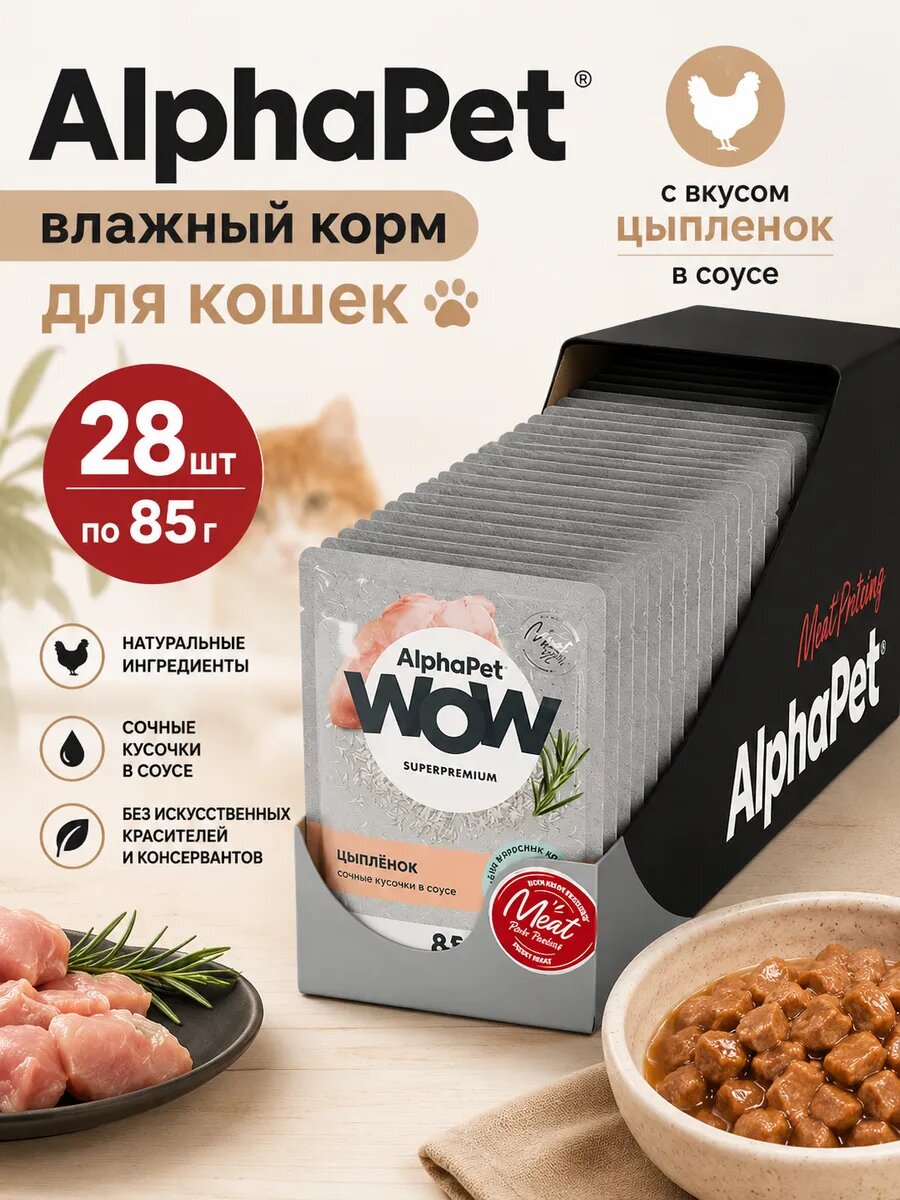 AlphaPet влажный корм для кошек WOW с цыпленком в соусе 28 шт по 85гр