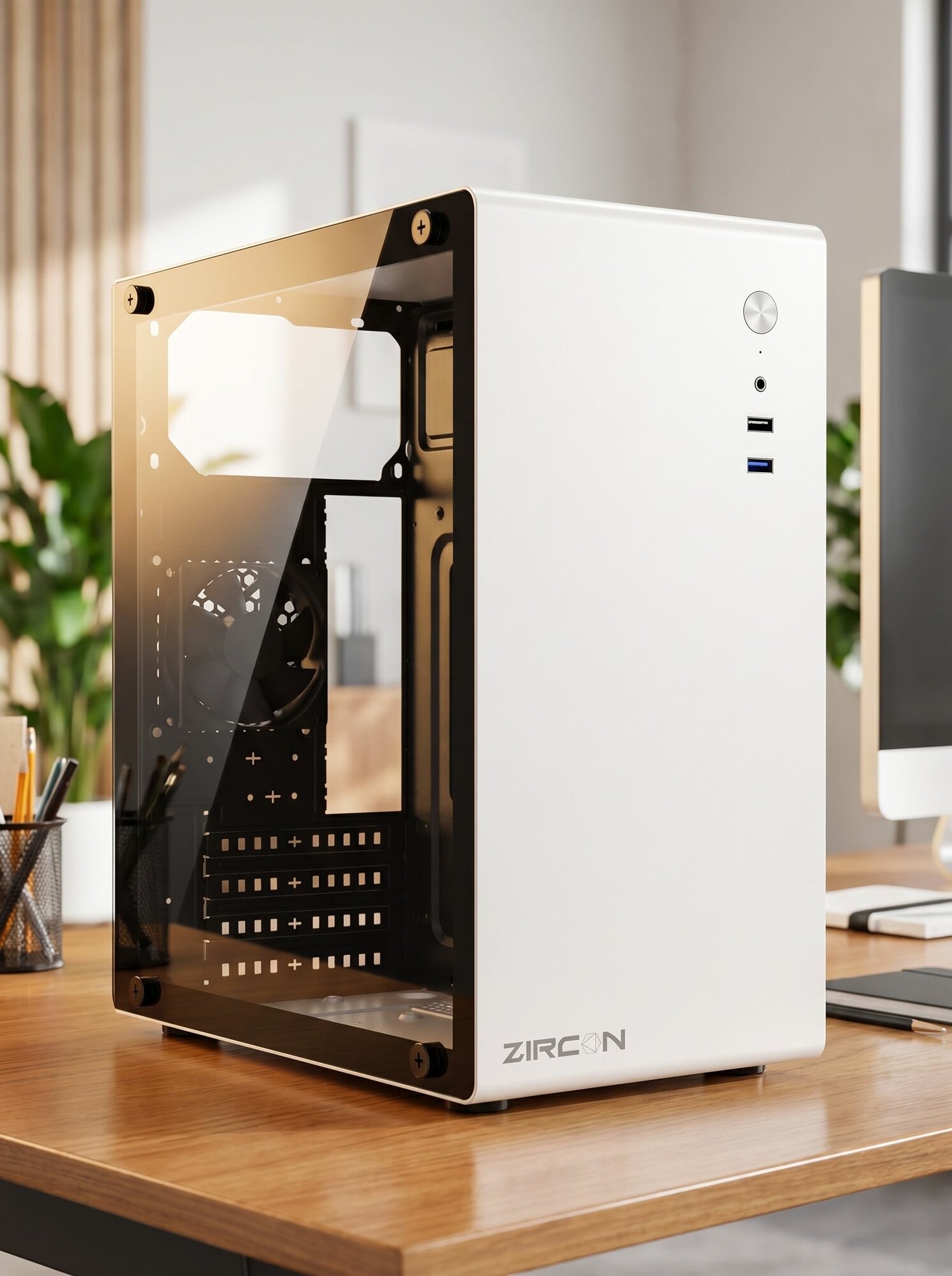 Корпус для ПК Zircon Mozart WT Mini-Tower, Micro-ATX, закаленное стекло, 2*USB, 1*92мм, без БП