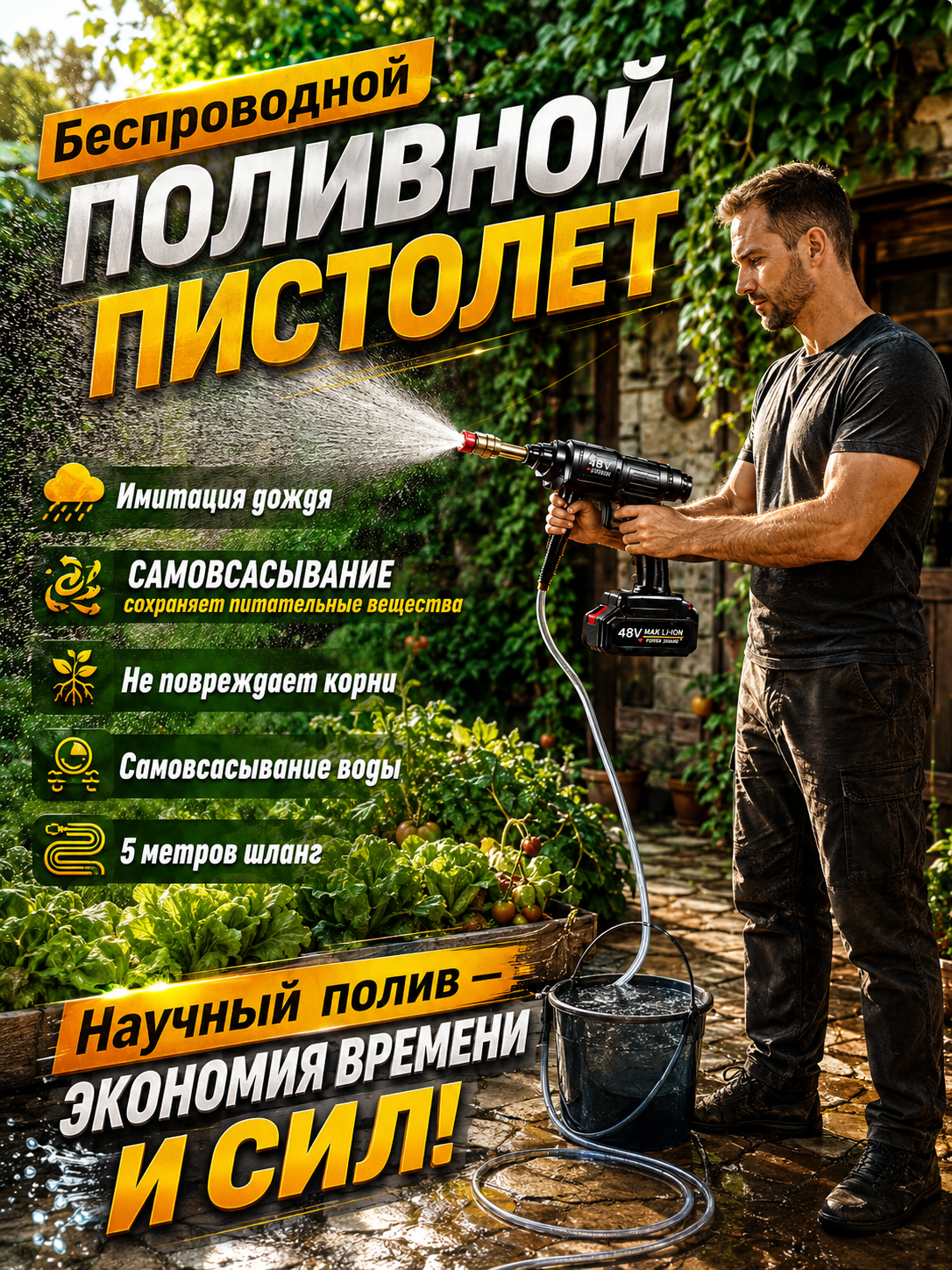 Насос аккумуляторный для полива из бочки, 48V