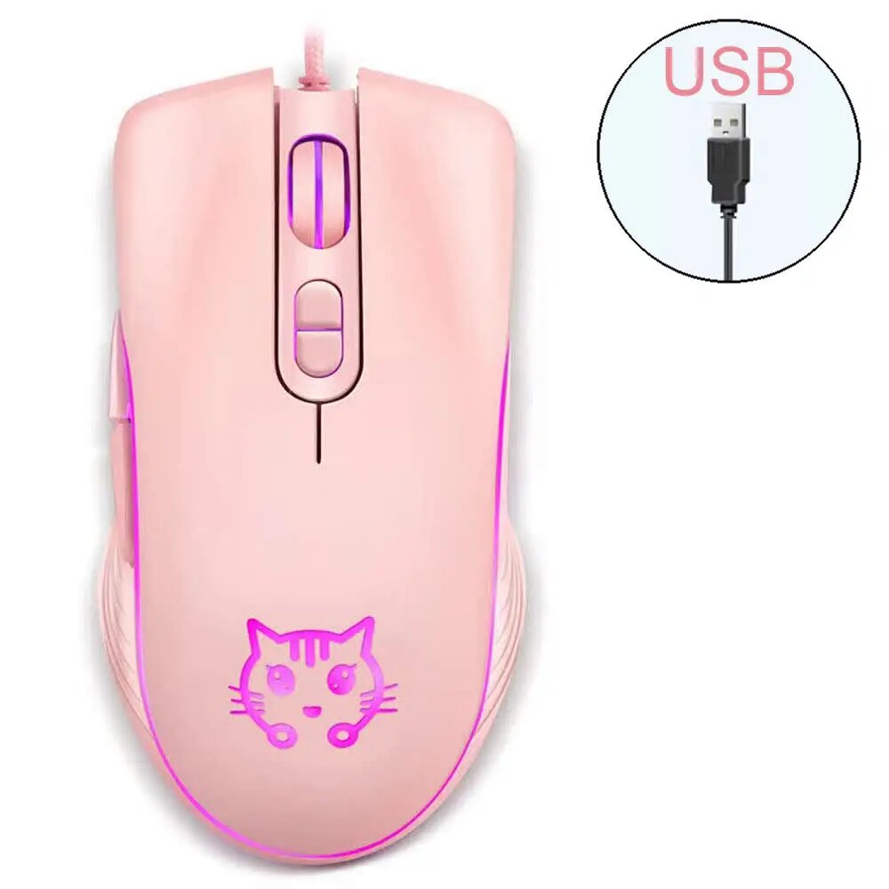 Розовая проводная игровая мышь Mause 2400 DPI Розовый, белый