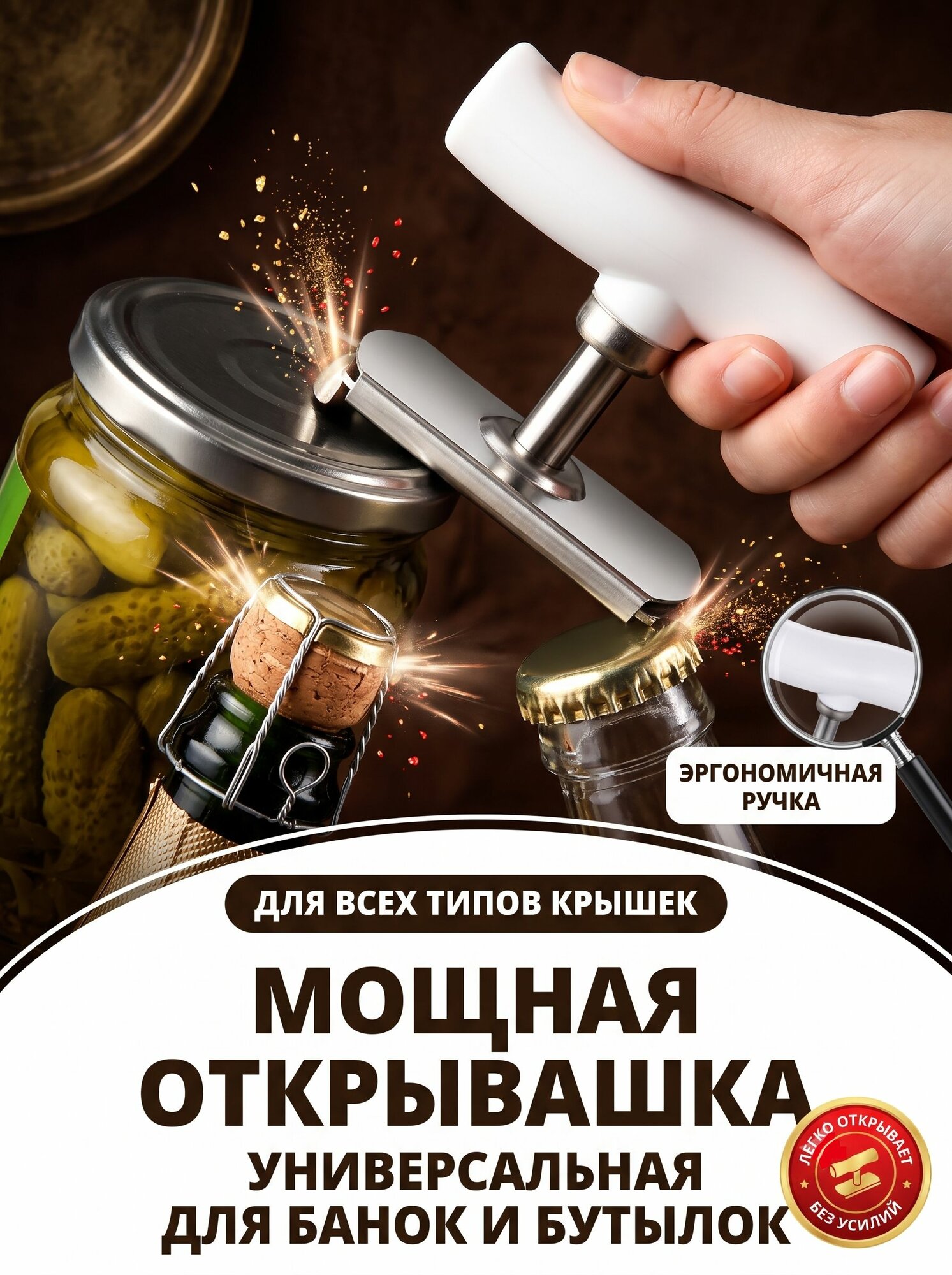 Открывалка для винтовых крышек банок универсальная ручная