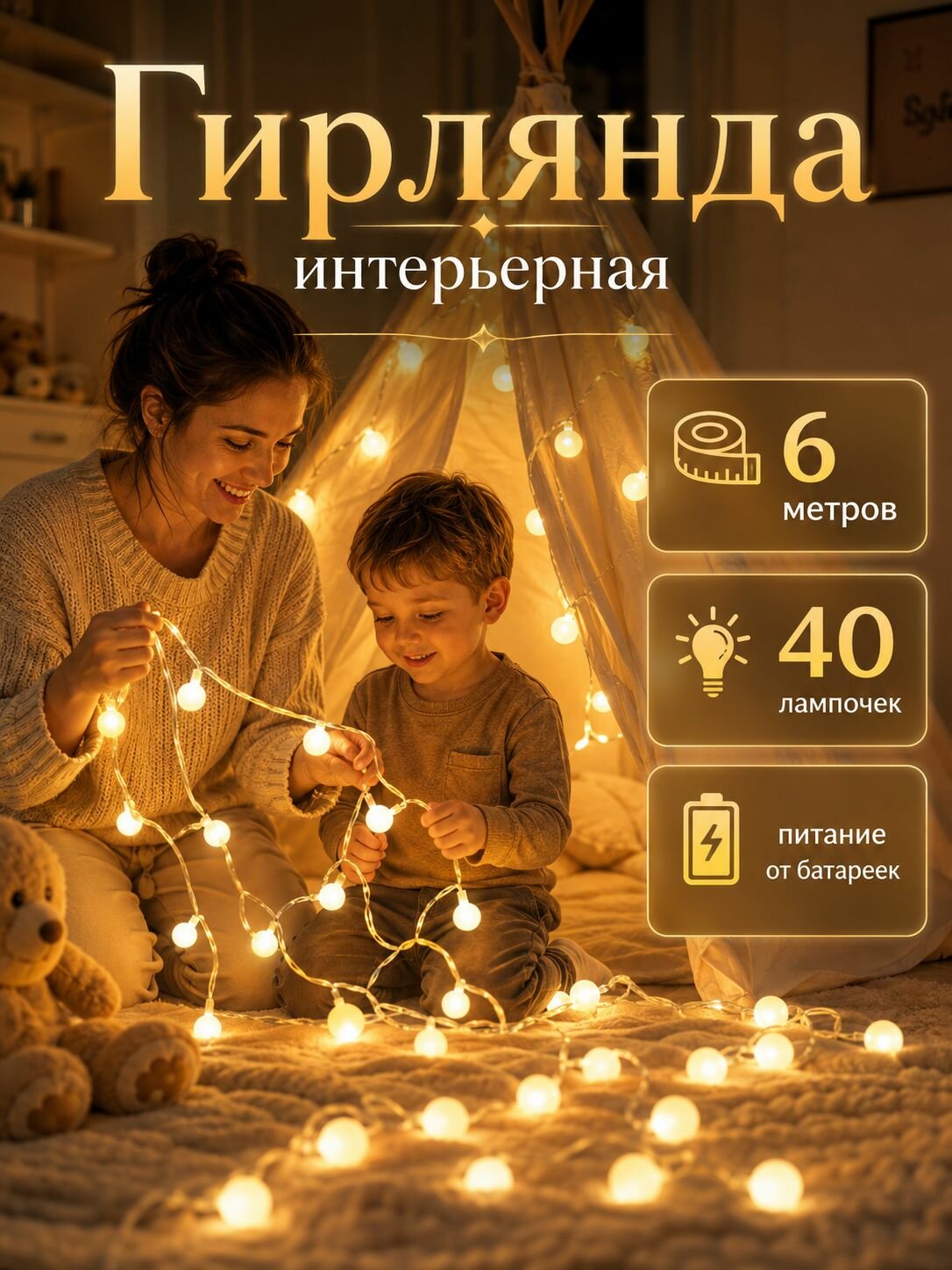 Гирлянда на батарейках для украшения интерьера и декора, гирлянда шарики 6 метров, 40 лампочек интерьерная гирлянда декоративная гирлянда