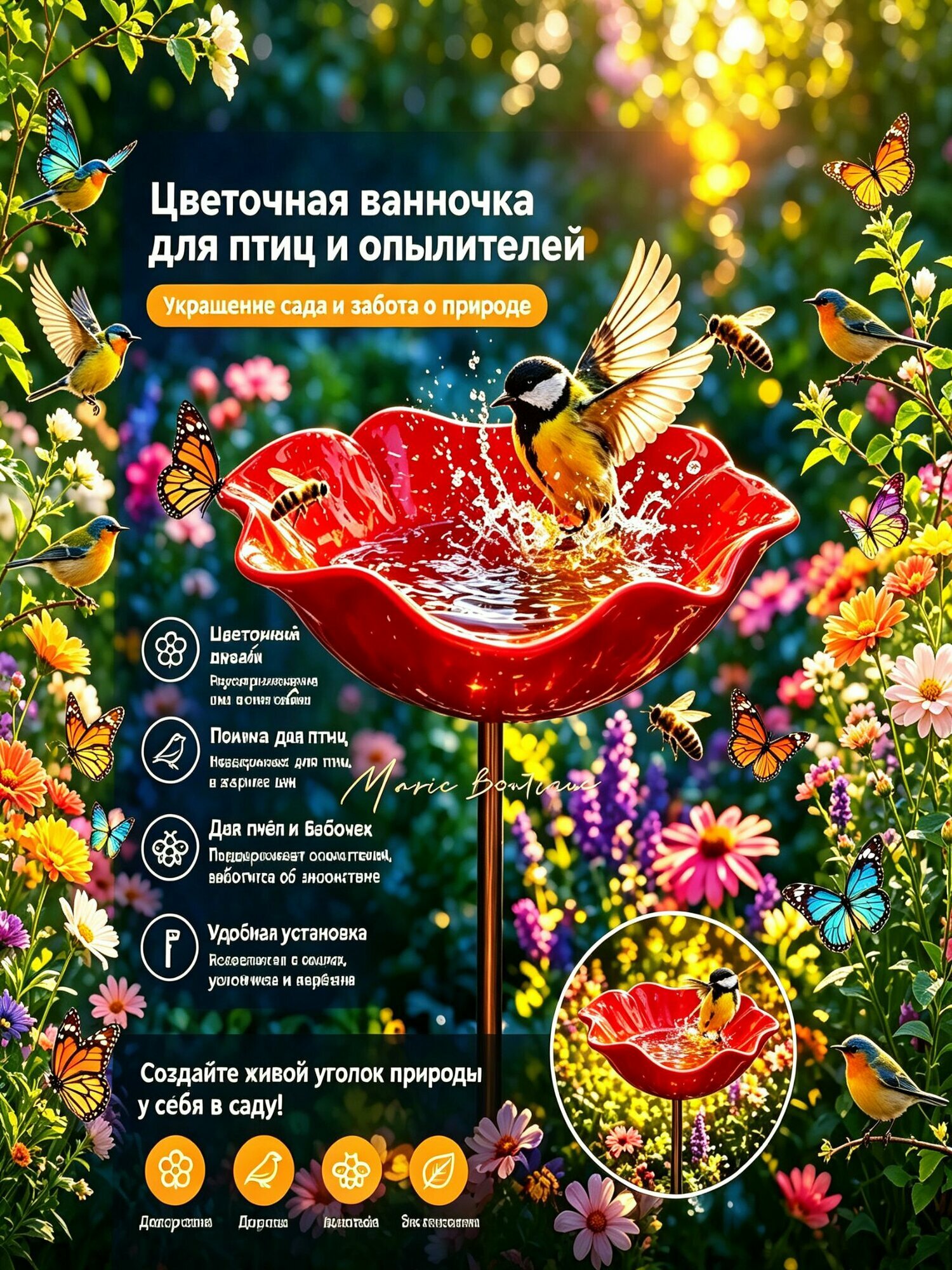 Поилка-цветок для птиц пчёл бабочек 15,115,16 см для насекомых для сада уличная декоративная