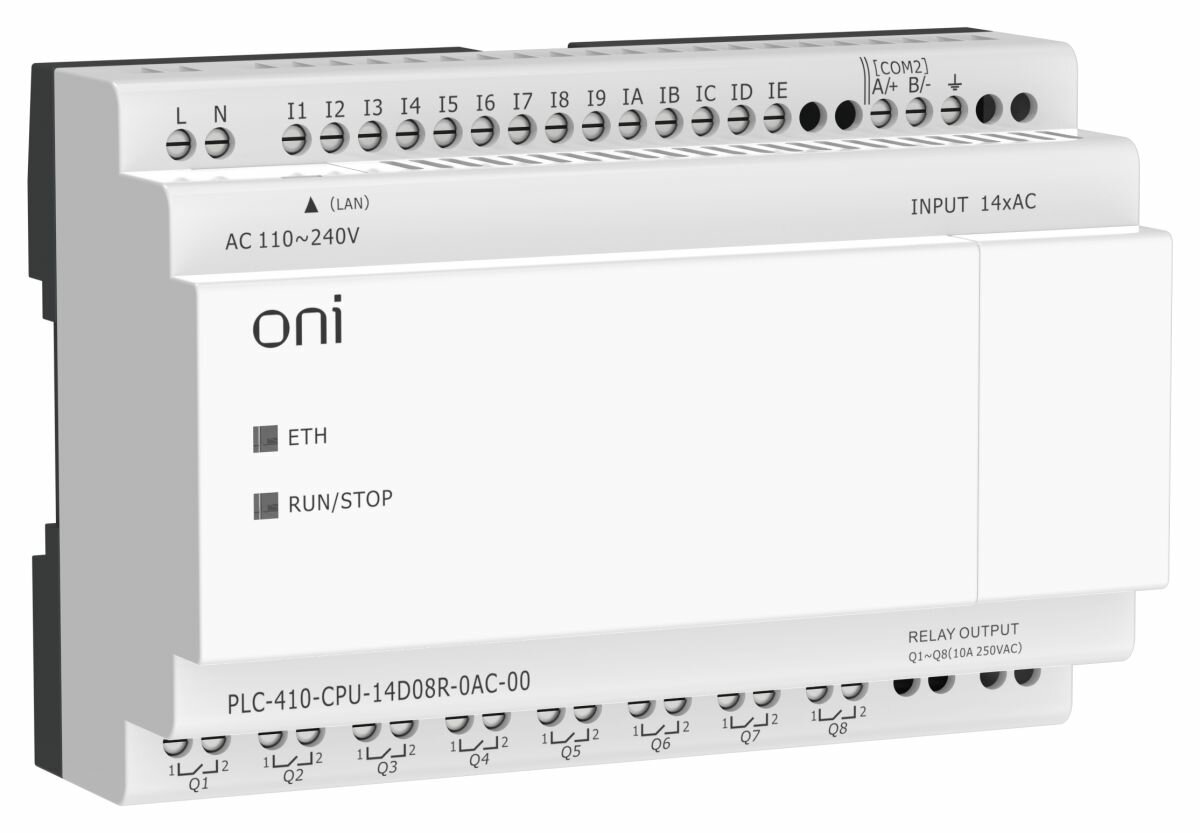 Модуль ЦПУ ПЛК 410 14 DI 8 RO 220В AC с Ethernet портом без экрана ONI PLC-410-CPU-14D08R-0AC-00