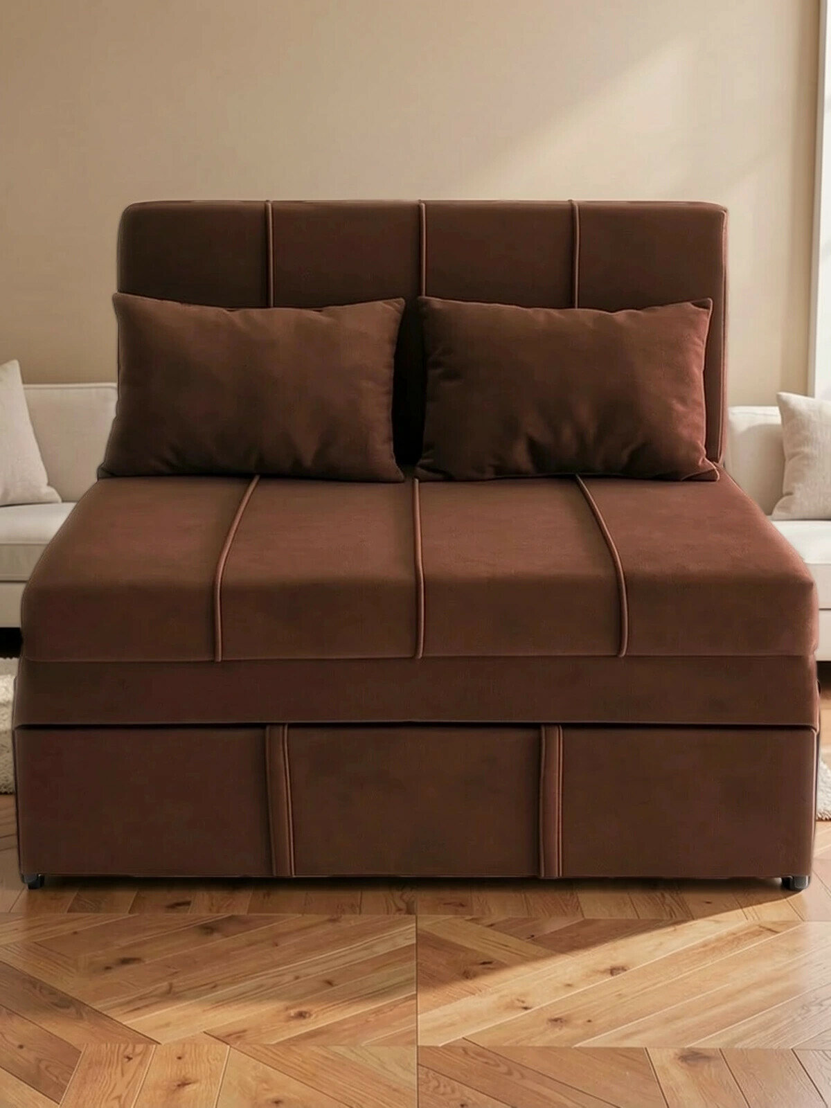 Диван-кровать с подушками StylChairs Сёма 100, без подлокотников, велюр коричневый