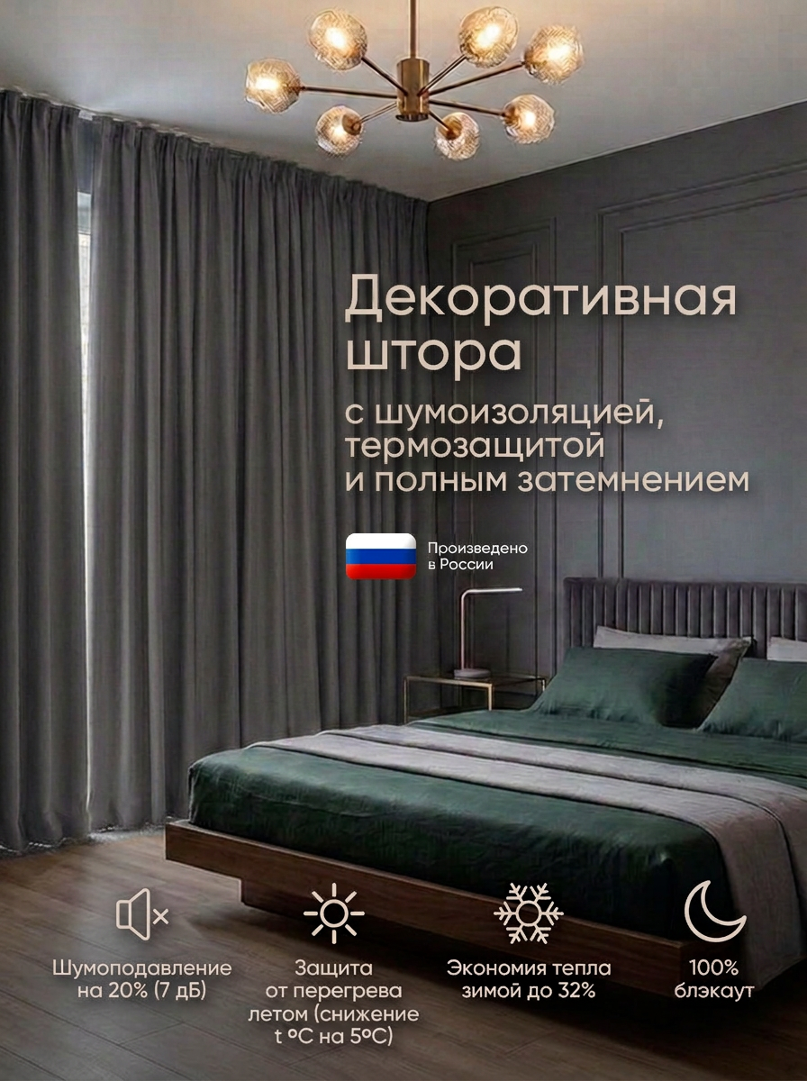 Звукоизоляционная многослойная штора Gardista, 3-в-1 блокировка звука/тепла/света, 2700-2800х1440, серый, лента