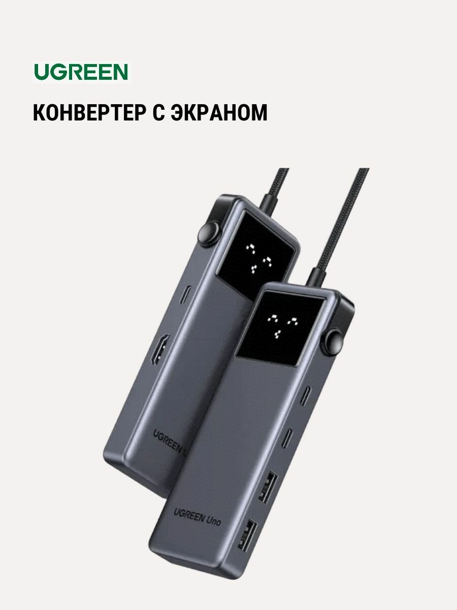 Конвертер с экраном UGREEN CM888 (35998) UNO 6-in-1 4K@60Hz HDMI+2хUSB 3.2 +2хUSB-С 3.2 +USB-С PD Power Converter, серый