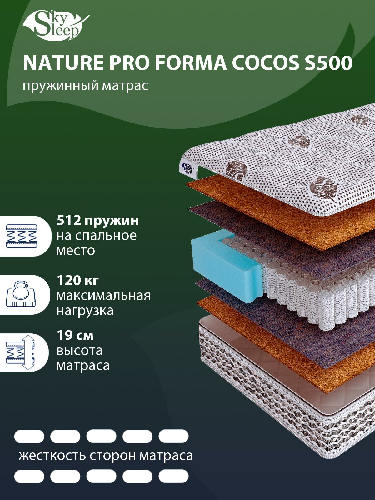 Матрас SkySleep NATURE PRO Forma Cocos S500 200×220, на независимых пружинах, жёсткий, 19 см