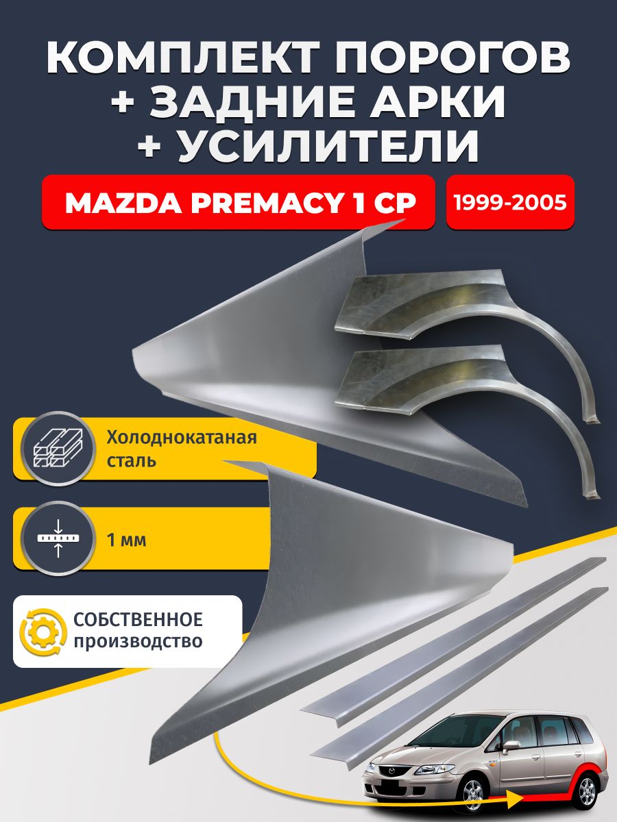 Комплект ремонтных задних арок(0,8 мм) и стандартных порогов + усилители на Mazda Premacy 1 CP 1999-2005 (Мазда Премаси). Материал холоднокатаная сталь 1 мм.