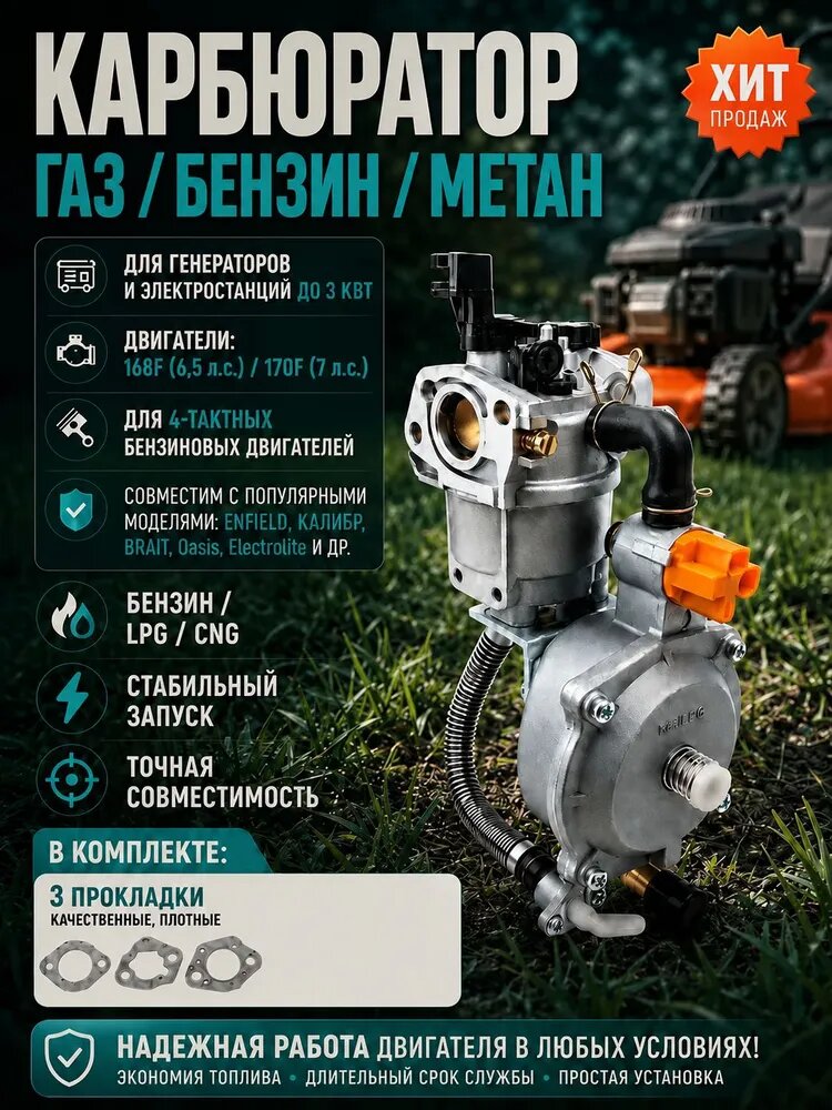 Двухтопливный карбюратор для генератора 168F/170F до 3кВт Бензин LPG Метан CNG