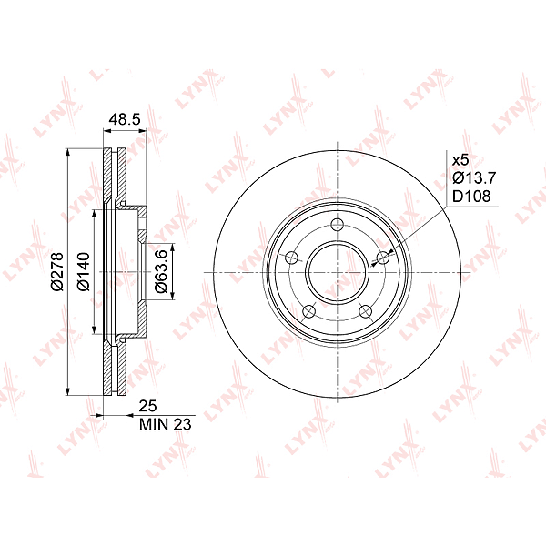 LYNXAUTO bn-1024 (020215 / 0986479173 / 09946411) диск тормозной передний (278x25) Ford (Форд) Focus (Фокус)