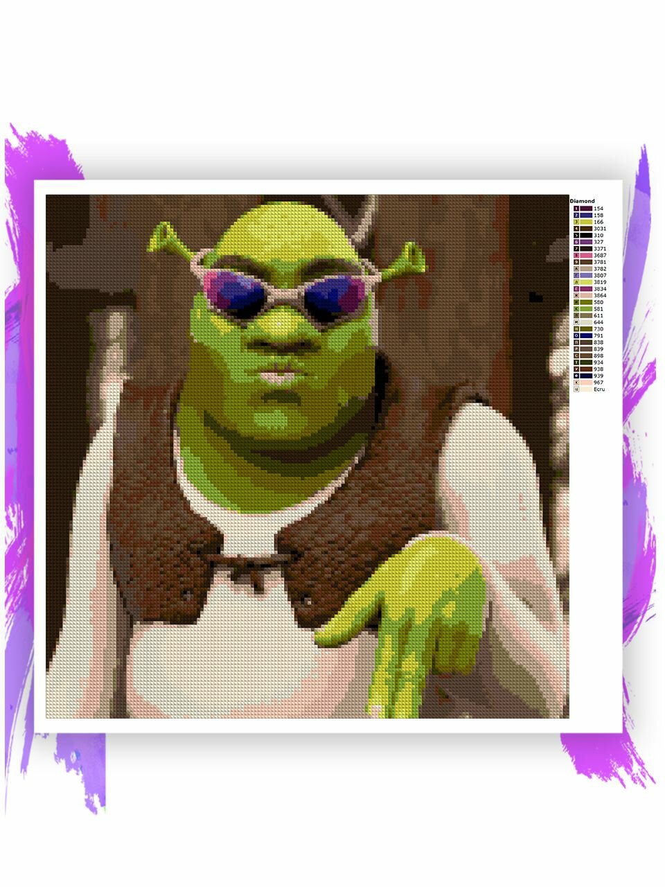 Алмазная мозаика без подрамника - вышивка Шрек мем 2 40 х 40 см