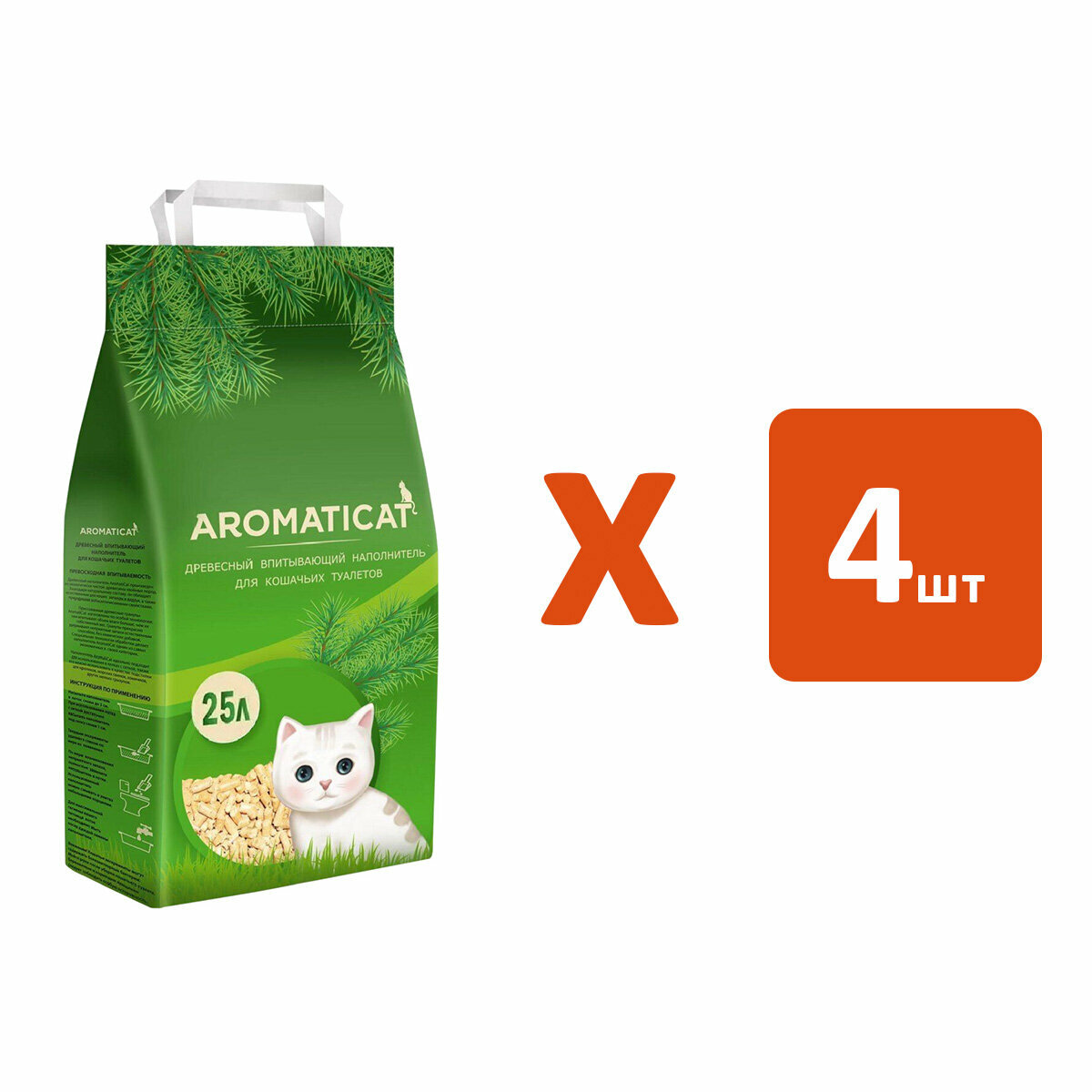 AROMATICAT наполнитель древесный впитывающий для туалета кошек (25 л х 4 шт)