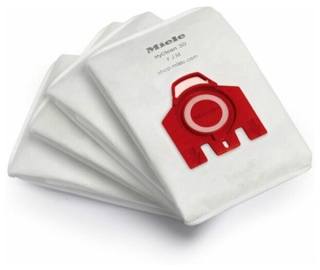 Мешки для пылесоса Miele FJM HyClean 3D Efficiency Красное крепление. Пылесборник фирмы Миле, комплект 4шт. + 2 фильтра. Увеличенный объем